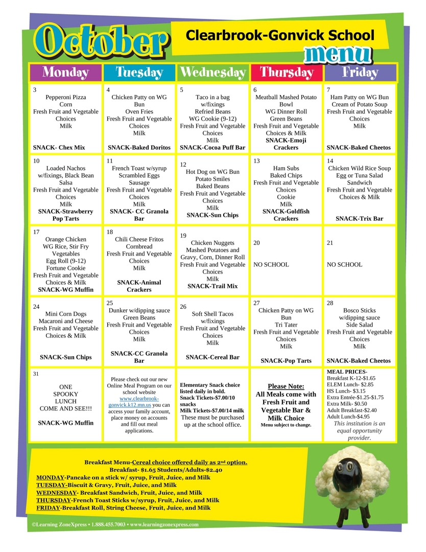 Clearbrook-Gonvick District 2311 - October Lunch Menu