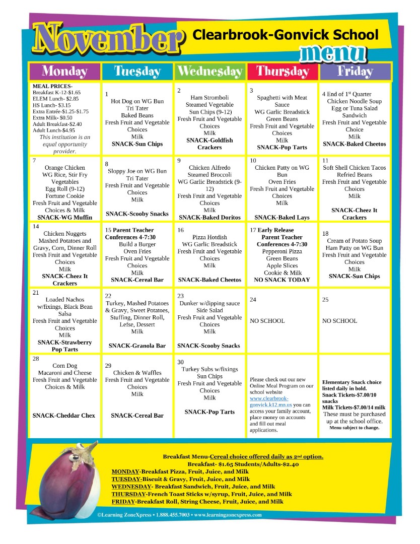 Clearbrook-Gonvick District 2311 - November Lunch menu