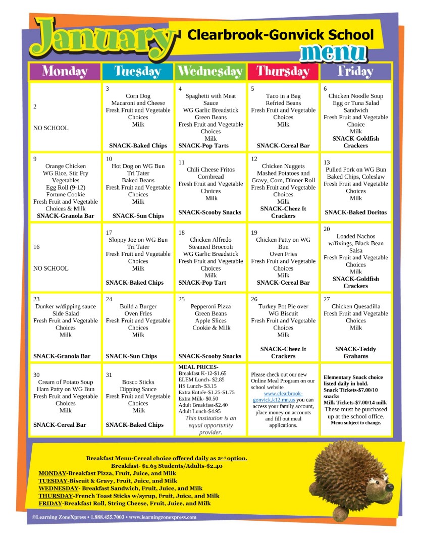 Clearbrook-Gonvick District 2311 - January Lunch Menu 2023
