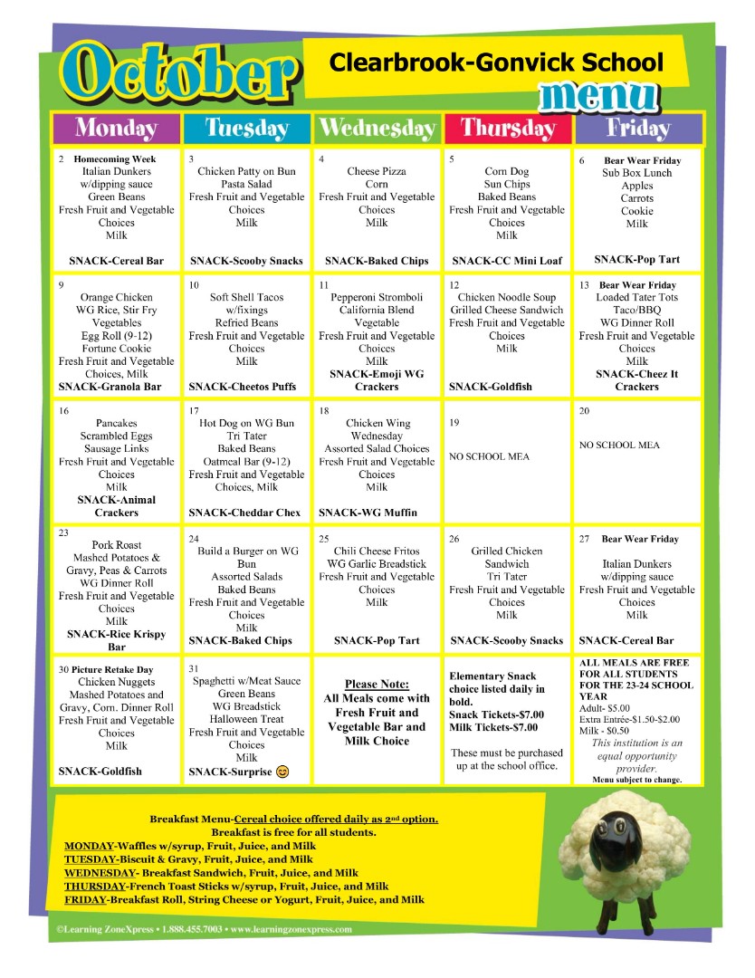 Clearbrook-Gonvick District 2311 - October Lunch Menu