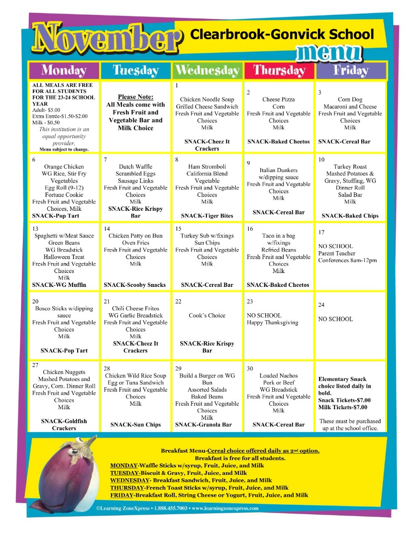 Clearbrook-Gonvick District 2311 - November Lunch Menu