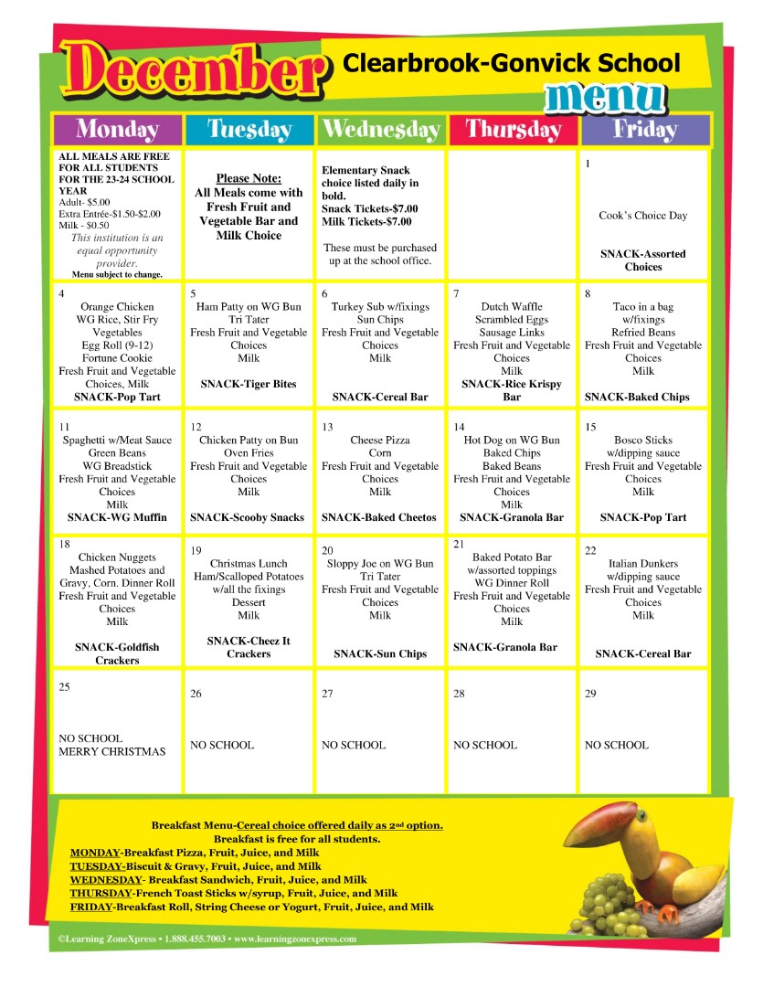 Clearbrook-Gonvick District 2311 - December Lunch Menu