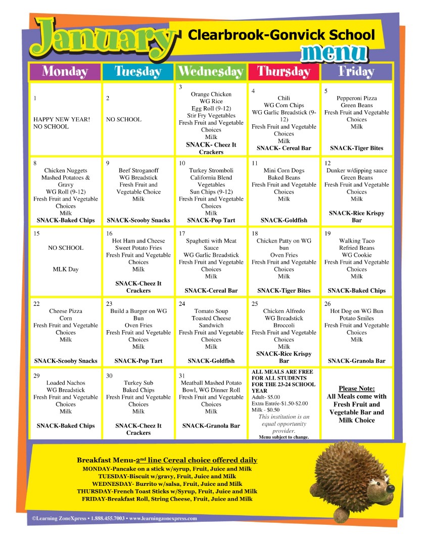 Clearbrook-Gonvick District 2311 - January Lunch Menu