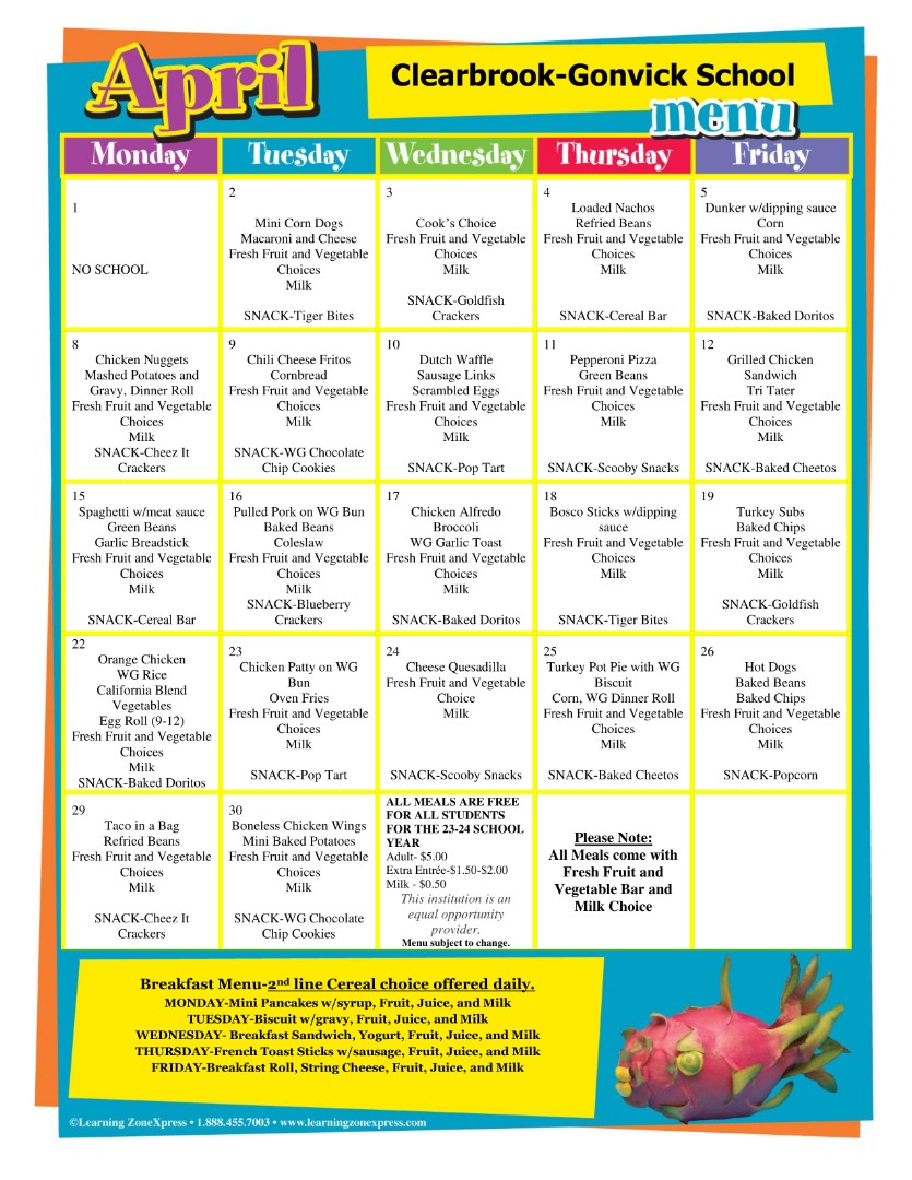 Clearbrook-Gonvick District 2311 - April Lunch Menu