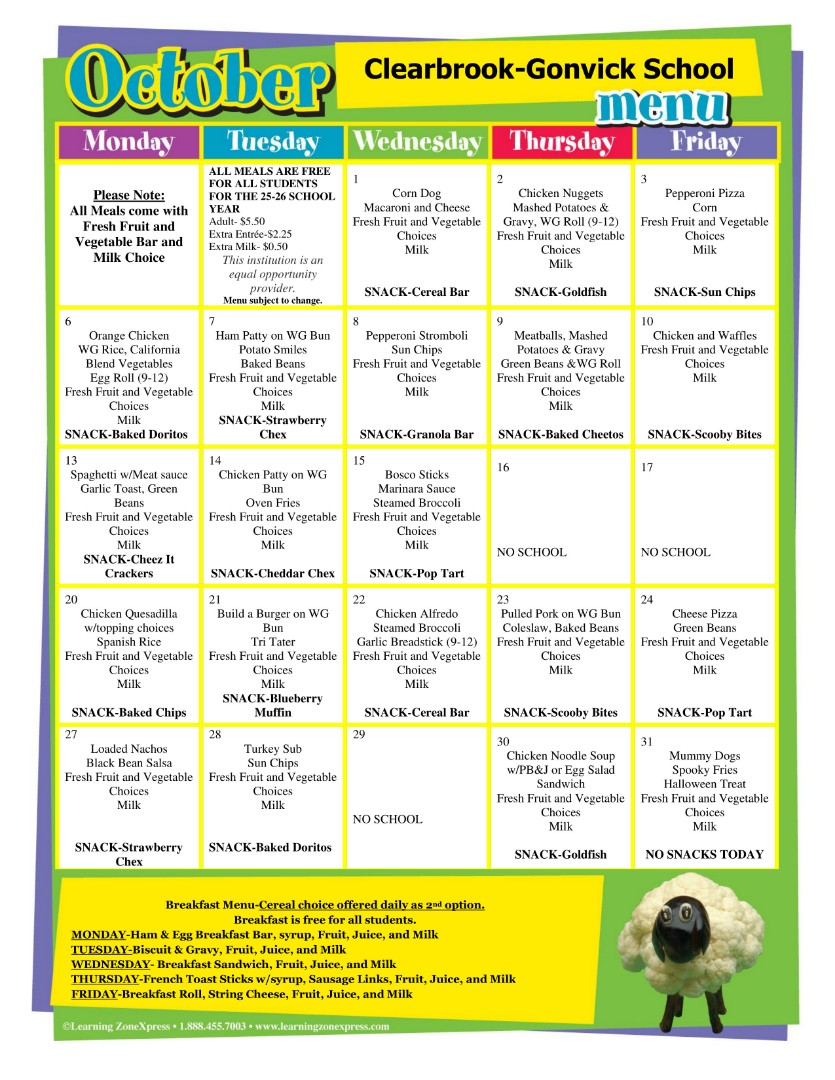 Clearbrook-Gonvick District 2311 - October Lunch Menu
